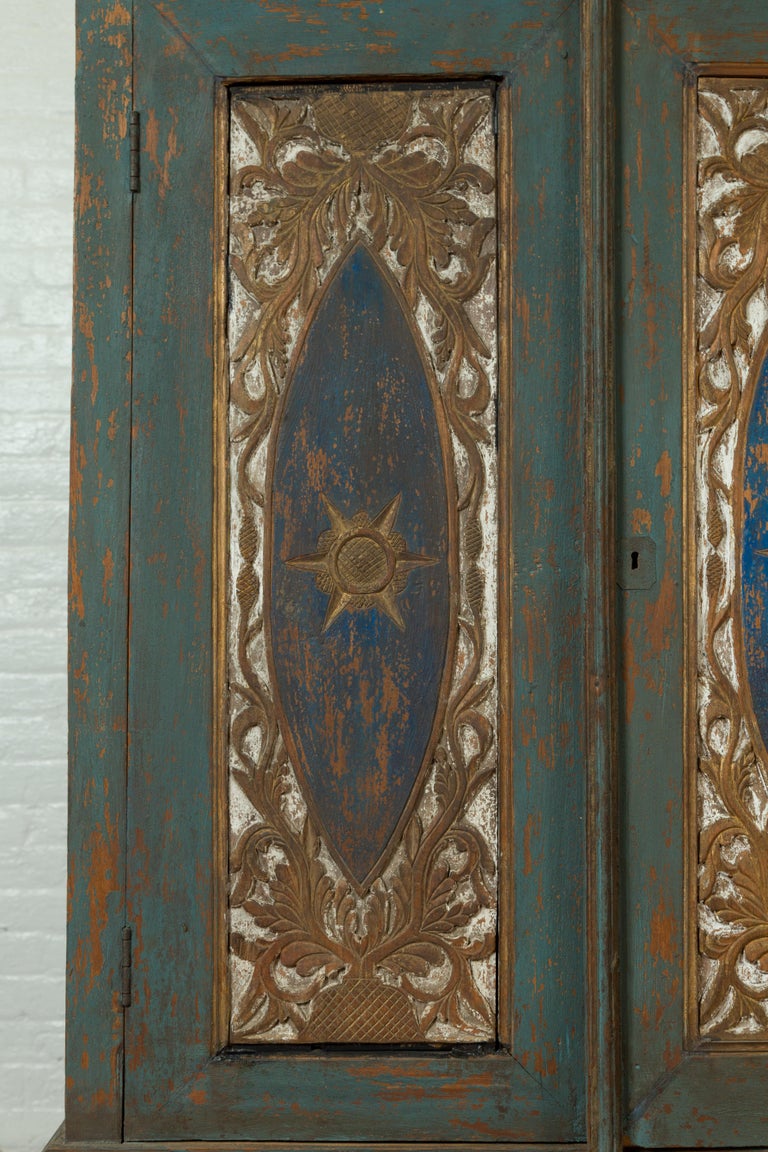Antique Distressed Blue Painted Cabinet with Carved Doors and Single ...
