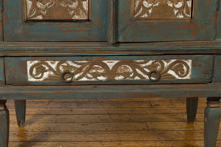 Antique Distressed Blue Painted Cabinet with Carved Doors and Single ...