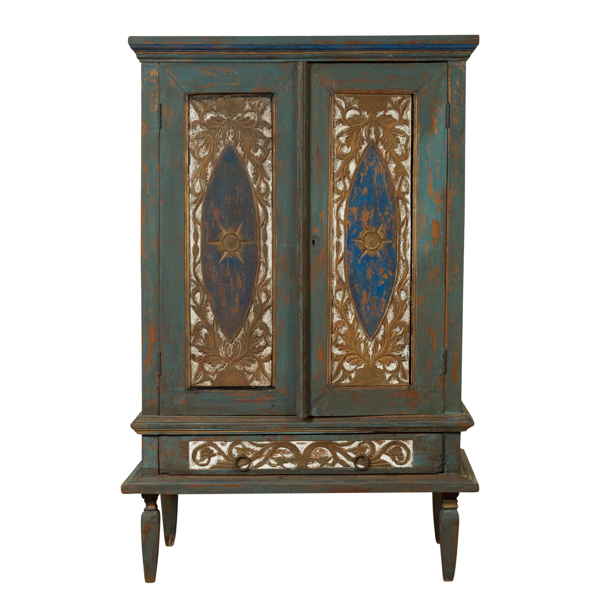 Antique Distressed Blue Painted Cabinet with Carved Doors and Single ...