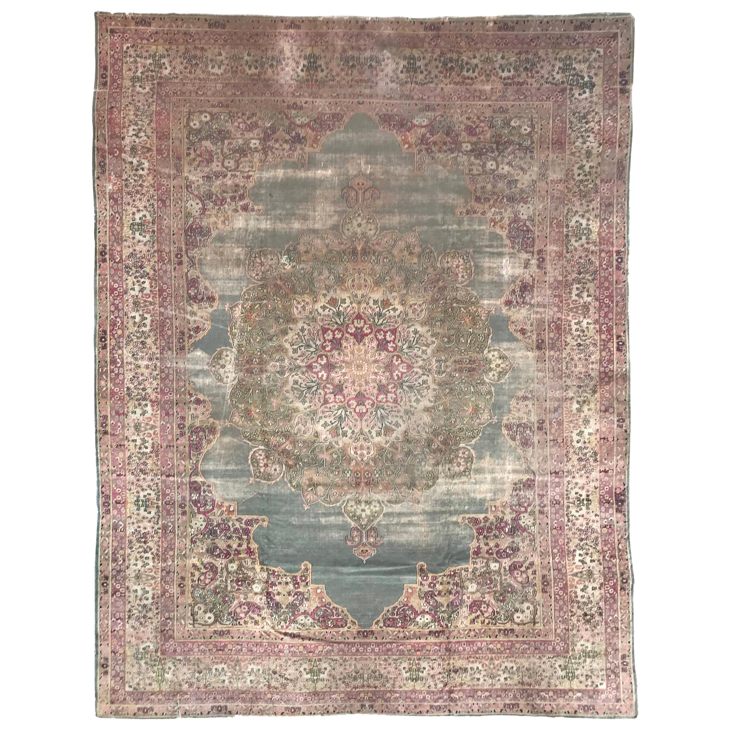 Antique Kirman Rug with Damask Rose Motifs at 1stDibs