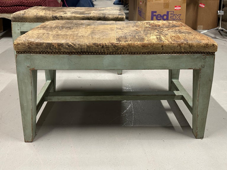 Antique Distressed Leather Painted Benches For Sale at 1stDibs