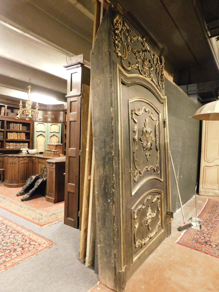 Antique Door with Rich Frame and Carved over Door, Black and Gold, 1700 ...