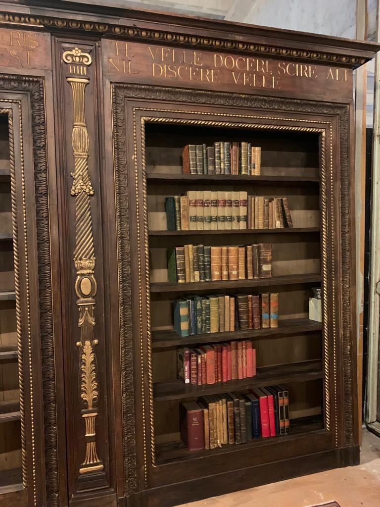 Antique Double Bookcase in Carved Walnut, Golden Latin Writing, Late ...