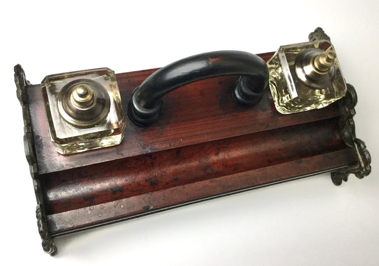 Antique Double Inkwell Wood and Irion Inkstand Desk Companion with ...