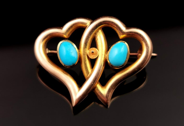 Antique Double Witches heart brooch, 15k gold, Turquoise at 1stDibs