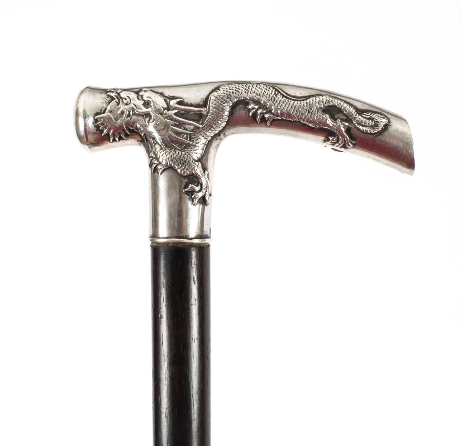 Antique Dragon Chinese Silver Walking Stick Cane 1880s For Sale at 1stDibs
