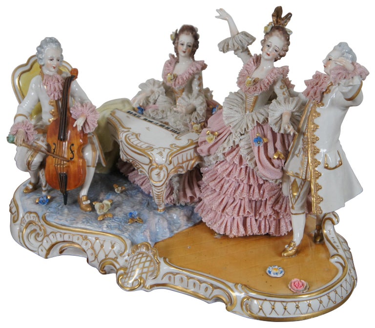 Antique Dresden Capodimonte Porcelain Lace Music Room Group Cello Piano ...