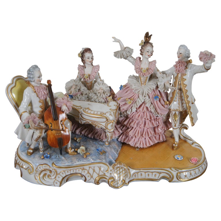 Antique Dresden Capodimonte Porcelain Lace Music Room Group Cello Piano ...