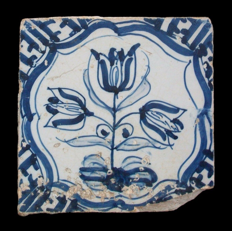 Antique Dutch Delft Ceramic Tile, Hand Painted Tulips, Holland, 17th ...