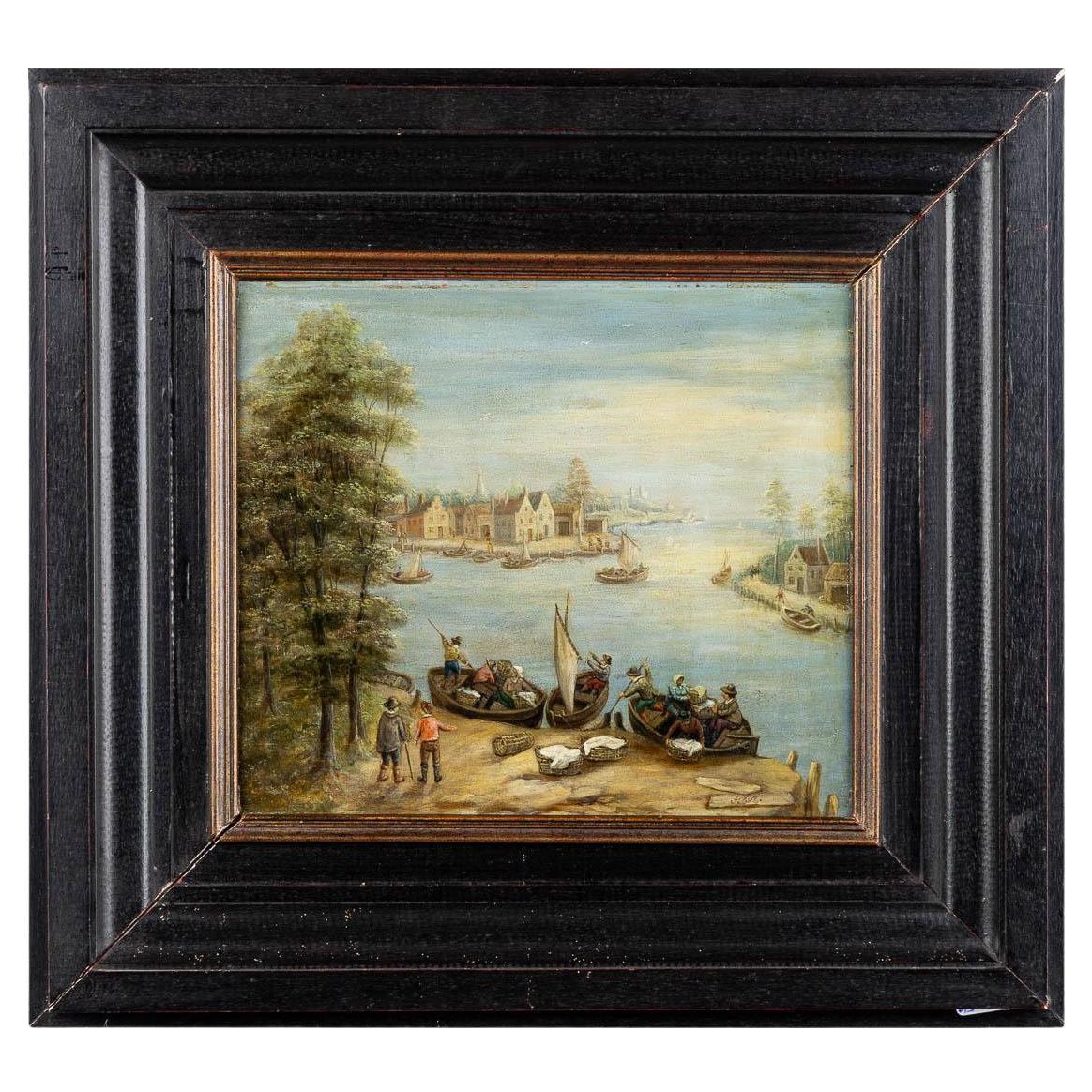 Antique Dutch Painting of a Harbor View inspired by the manner of Jan ...