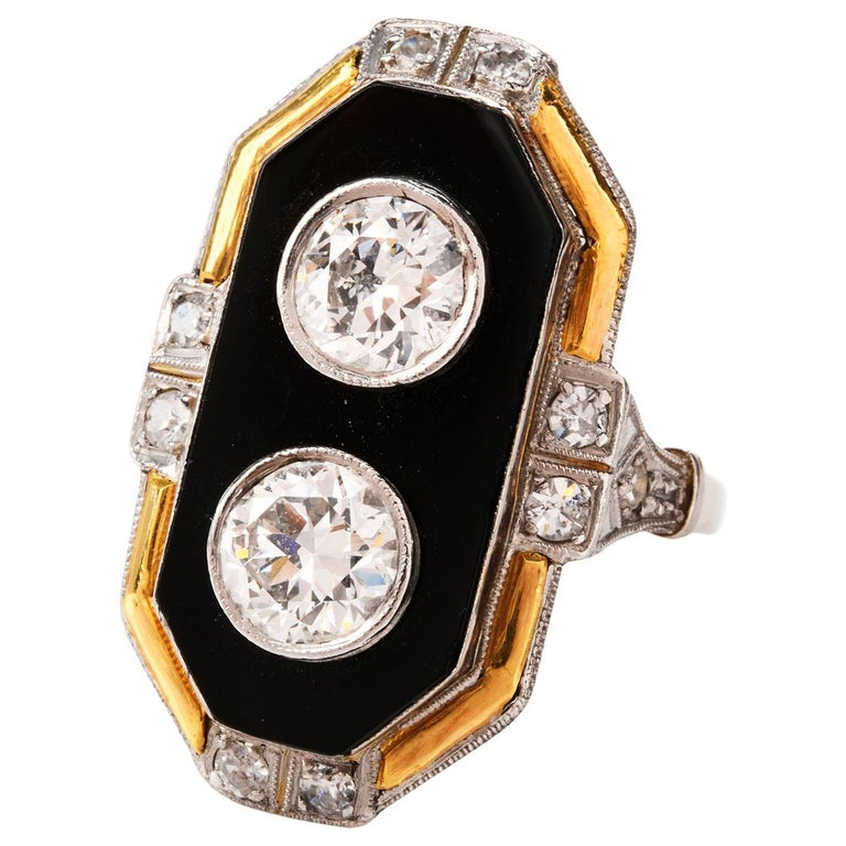 Antique Dutchess Diamond Onyx Platinum 18 Karat Cocktail Ring For Sale ...