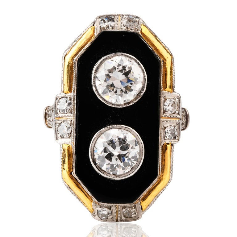 Antique Dutchess Diamond Onyx Platinum 18 Karat Cocktail Ring For Sale ...