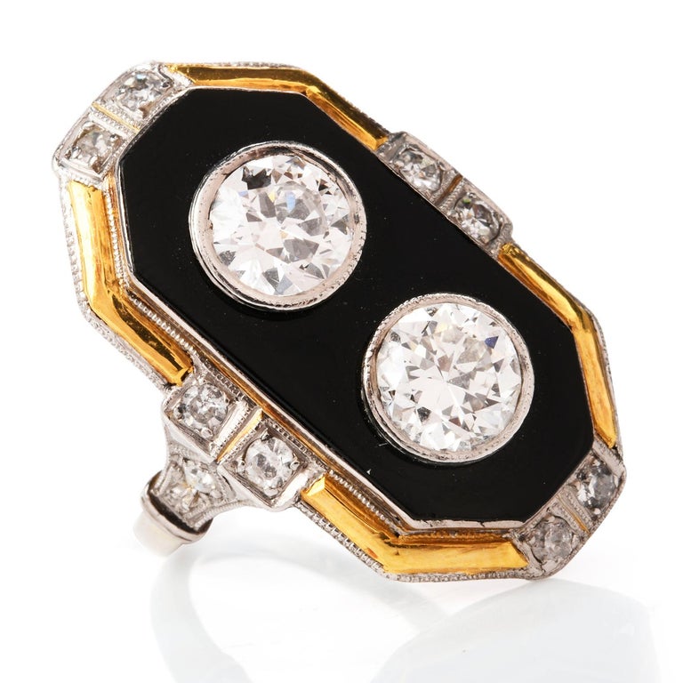 Antique Dutchess Diamond Onyx Platinum 18 Karat Cocktail Ring For Sale ...