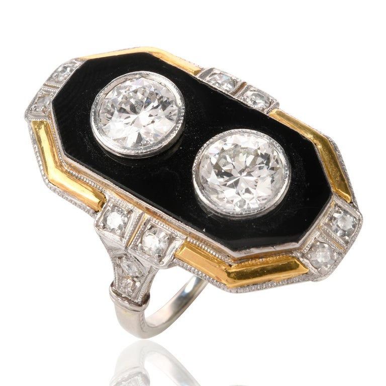 Antique Dutchess Diamond Onyx Platinum 18 Karat Cocktail Ring For Sale ...