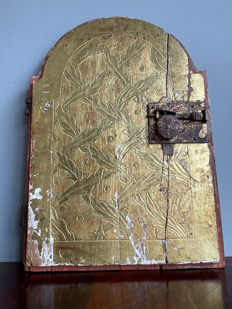 Antique Early 1600s Gilt Gothic Tabernacle Door W. Lamb Resting on 7 ...