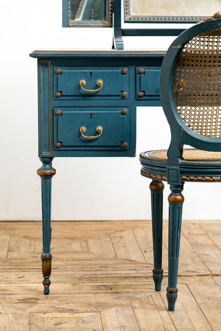 Antique Early 20th Century Blue Painted Dressing Table with Mirror and ...