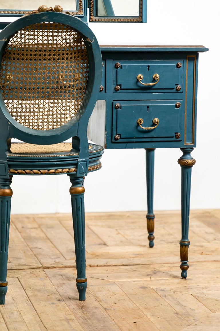 Antique Early 20th Century Blue Painted Dressing Table with Mirror and ...
