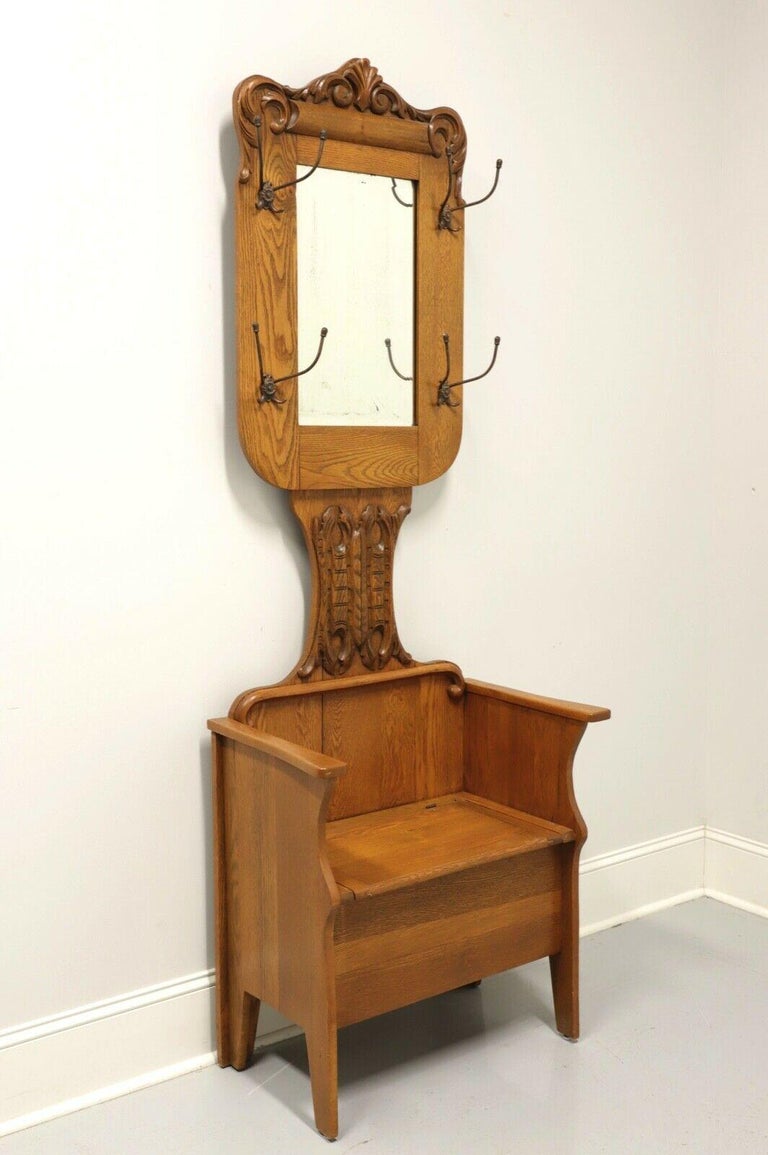 Antique Early 20th Century Victorian Oak Hall Tree with Bench at 1stDibs