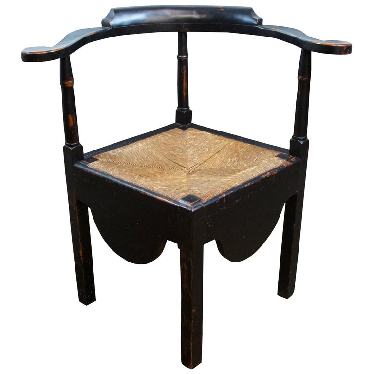 Antique Early American Colonial Ebonized Pine Corner Chair Woven Rush ...