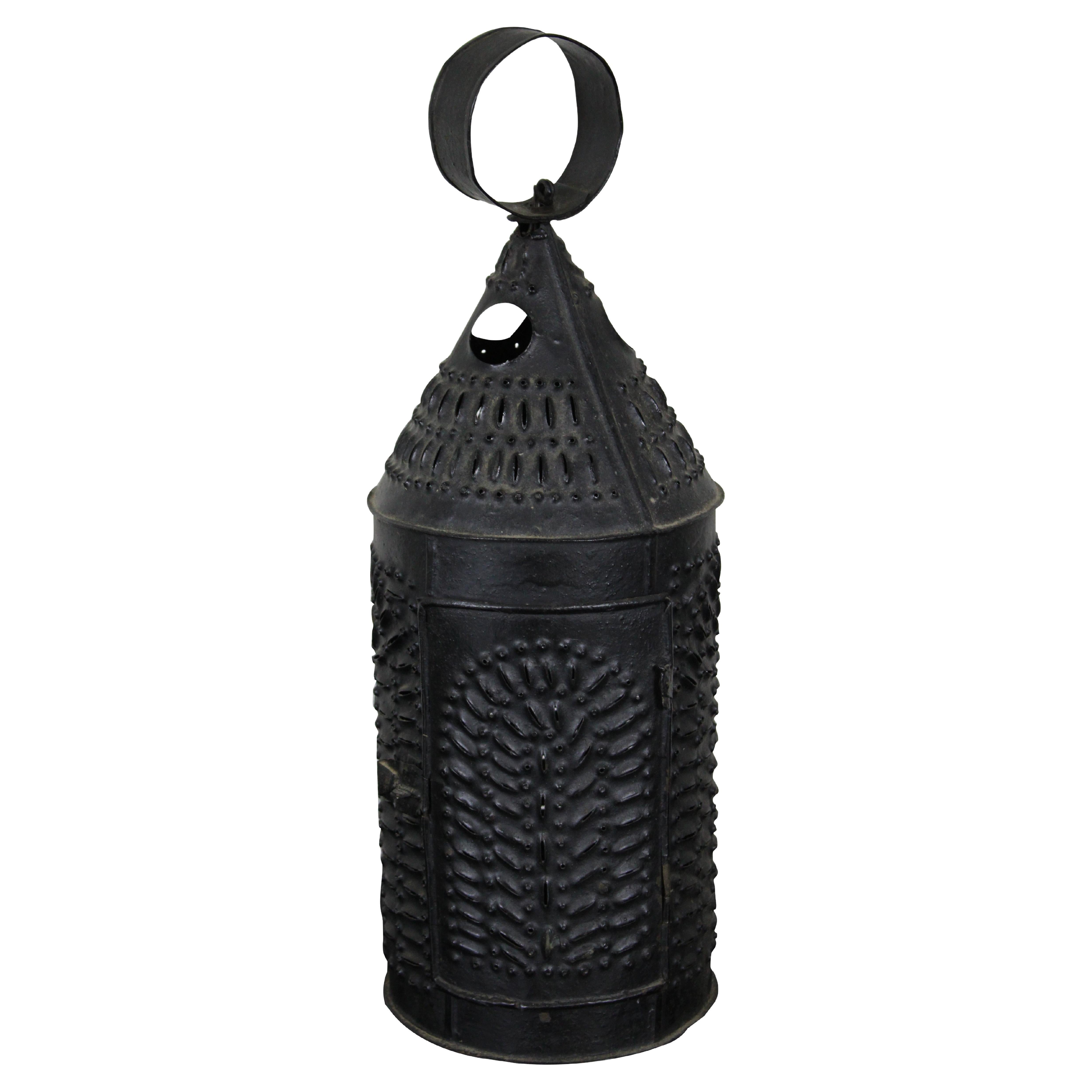 Antique Early American Colonial Punched Tin Hanging Candle Lantern ...