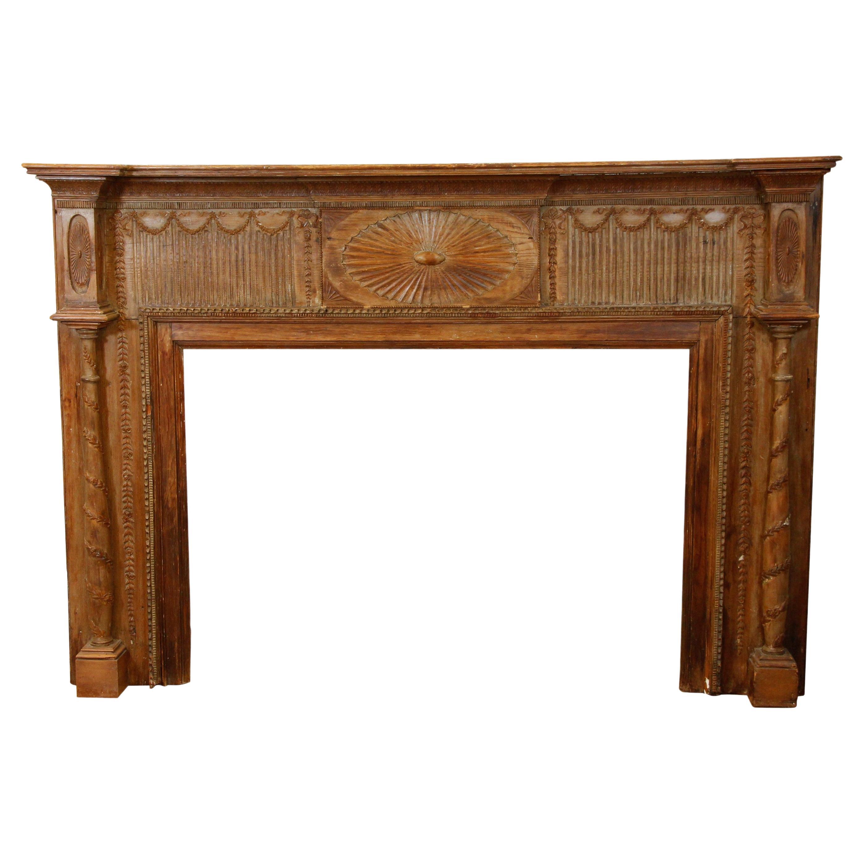 Antique Early American Federal Style Wood Mantel w/ Sunburst and Floral ...