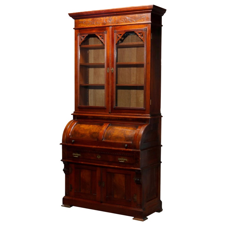 Antique Eastlake Walnut and Bur Barrel Roll Secretary Desk, Circa 1890 ...