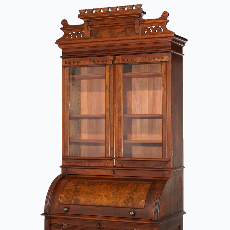 Antique Eastlake Walnut and Burl Cylinder Roll Top Secretary Desk ...