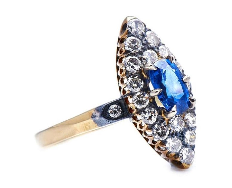 Antique, Edwardian, 14ct Gold, Sapphire and Diamond Navette Cluster ...