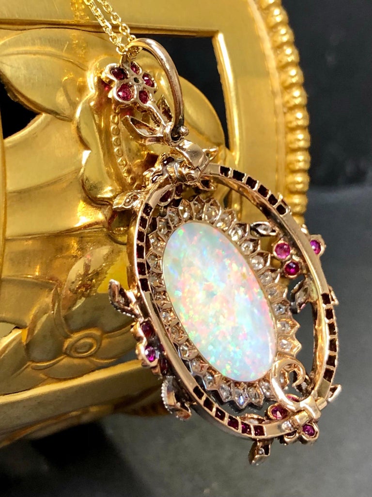 Antique Edwardian 14k Australian Opal Burmese Ruby Mine Diamond Pendant Necklace For Sale at 1stDibs