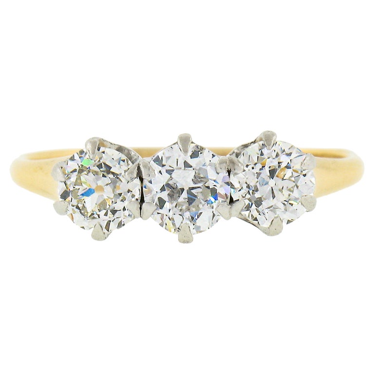Antique Edwardian 14K Gold and Platinum 1.06ct Prong European Diamond 3 Stone Ring For Sale at ...
