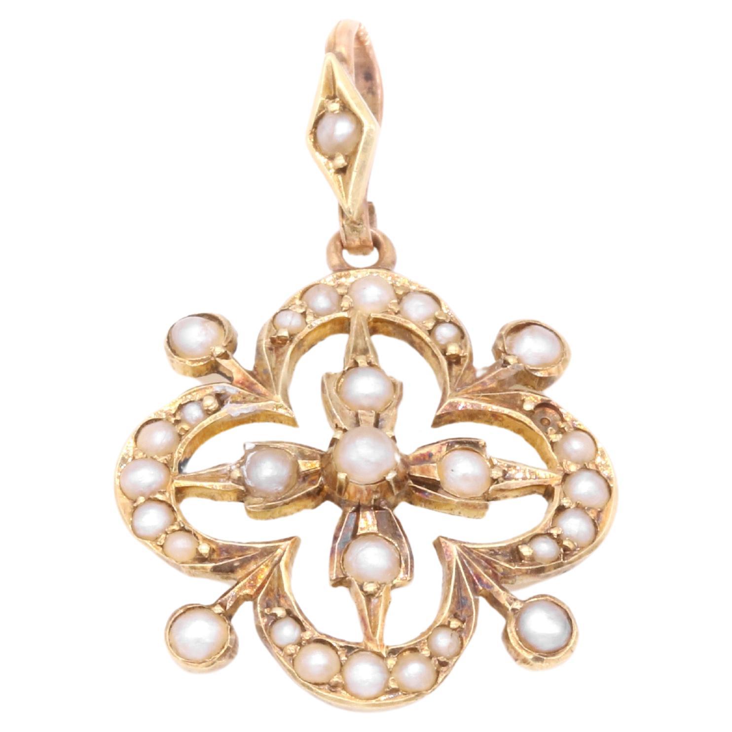 Antique Edwardian 15K Yellow Gold Pearl Floral Brooch and Pendant For ...