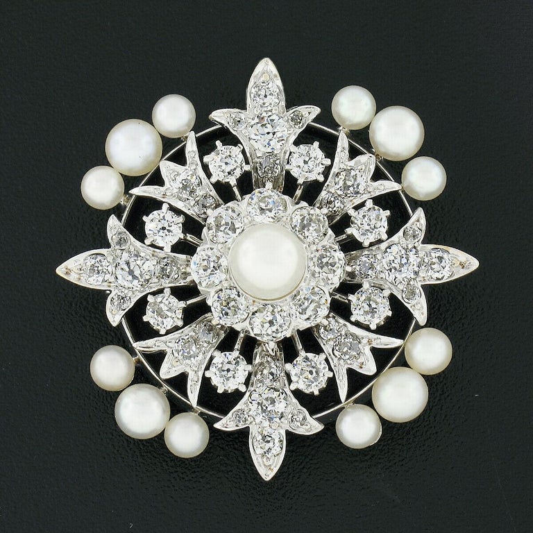 Antique Edwardian 18K White Gold Diamond Pearl Snowflake Cluster Brooch ...