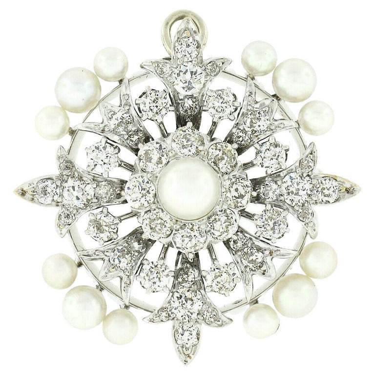 Antique Edwardian 18K White Gold Diamond Pearl Snowflake Cluster Brooch ...