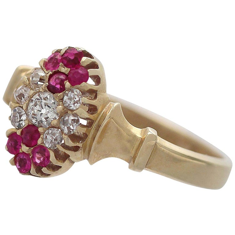 Antique Edwardian 1905 Diamond Ruby Gold Cocktail Ring For Sale at 1stdibs