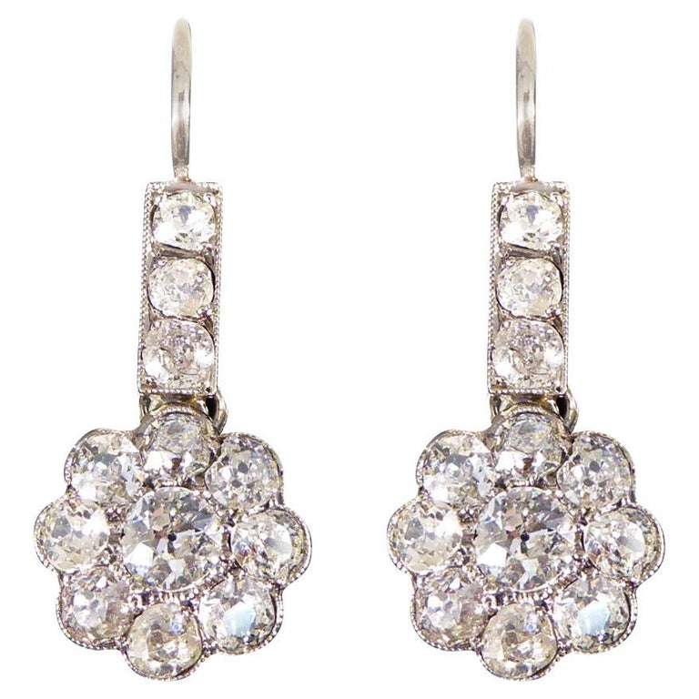 Antique Edwardian 2.62ct Diamond Daisy Cluster Drop Earrings in 18ct ...