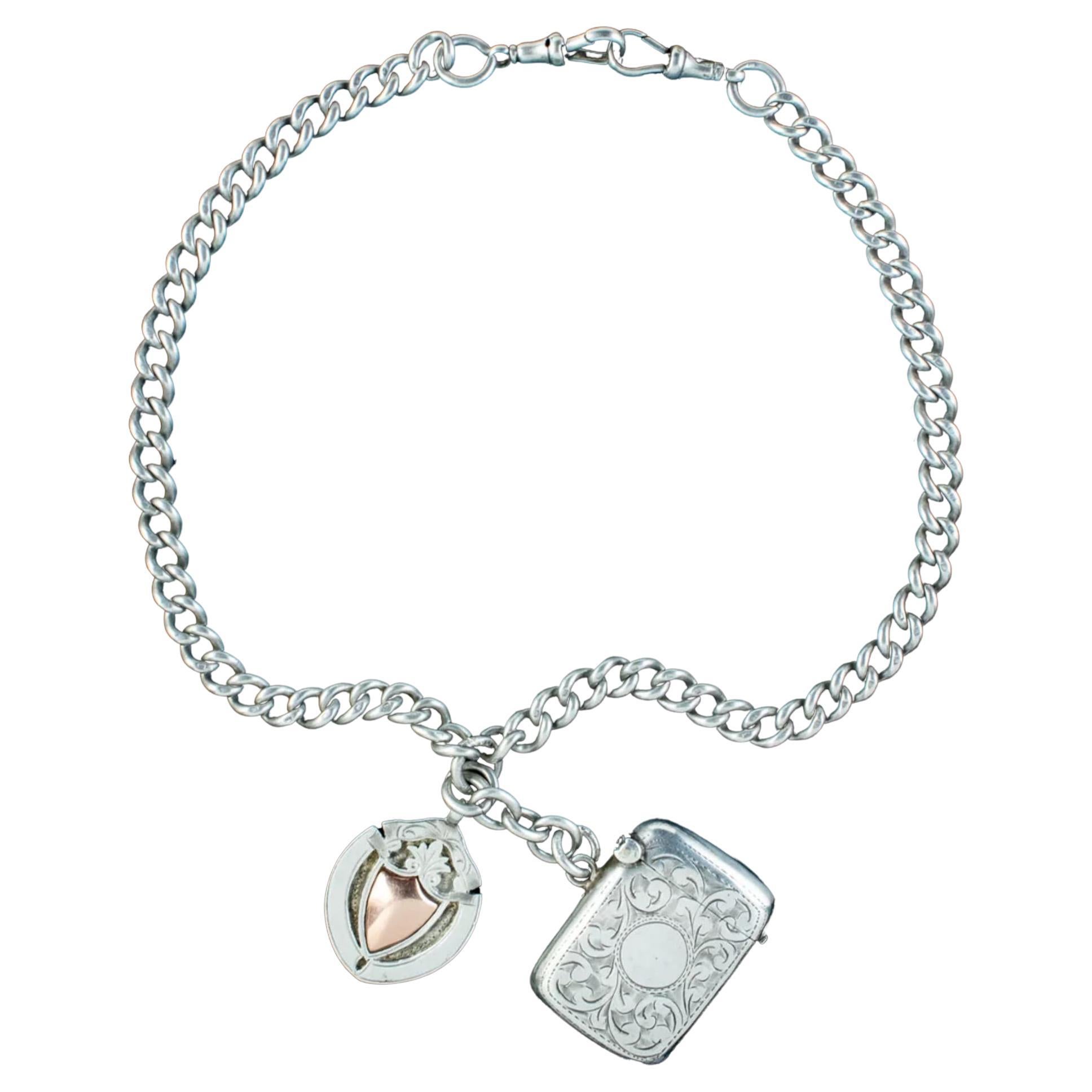 Edwardian Silver Albert or Necklace Chain with T-Bar and Fob For Sale ...