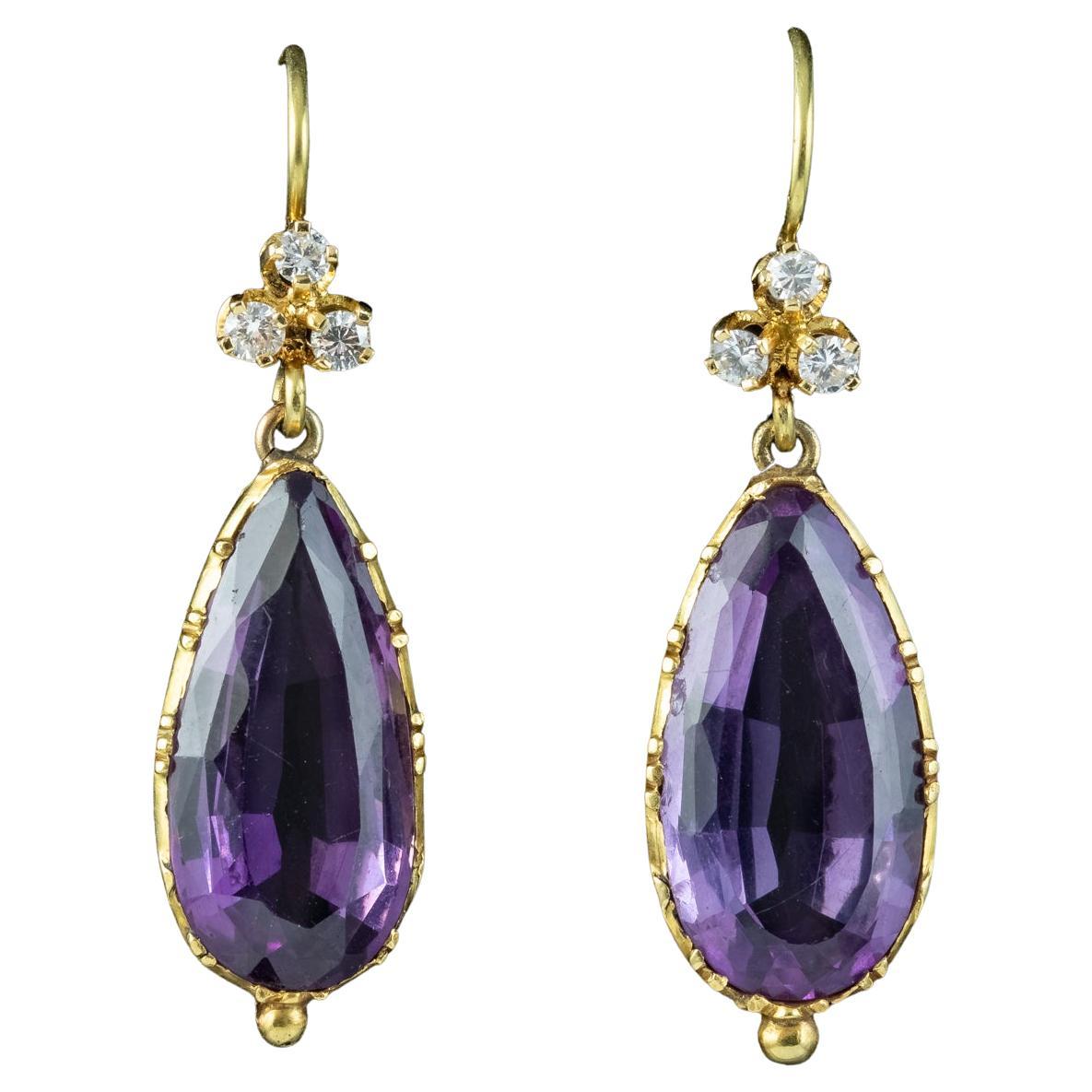 Antique Edwardian Amethyst Diamond Drop Earrings 7 Carat Amethysts For ...