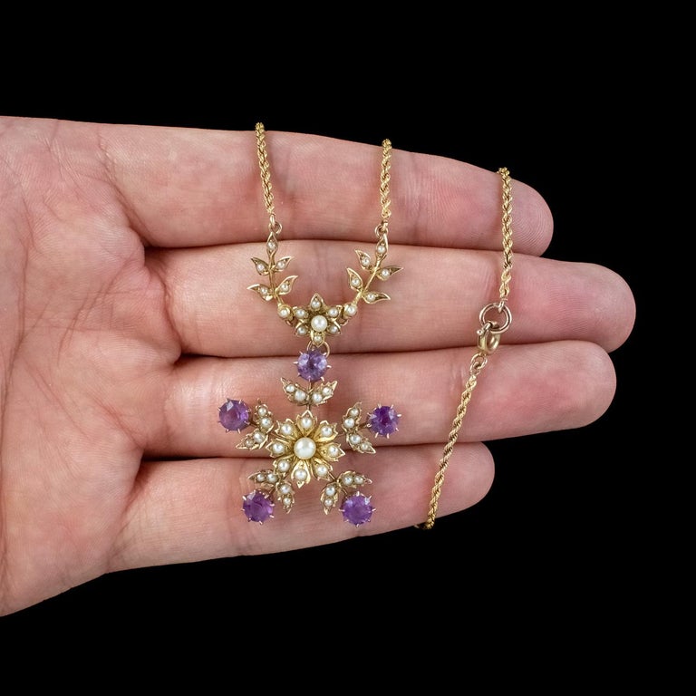 Antique Edwardian Amethyst Pearl Floral Lavaliere Necklace 15ct Gold ...