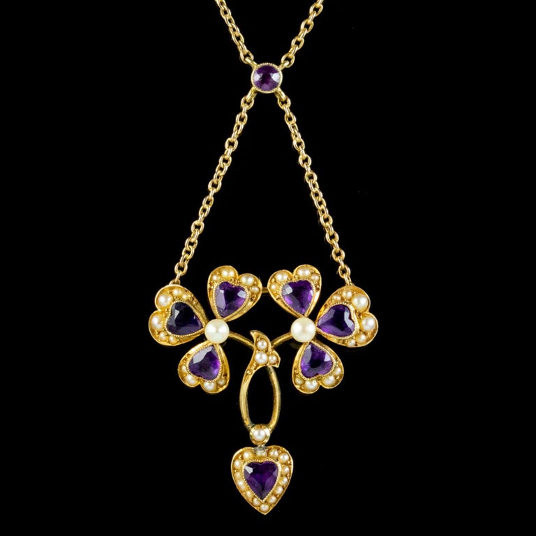 Antique Edwardian Amethyst Pearl Lavaliere Necklace in 15 Carat Gold ...