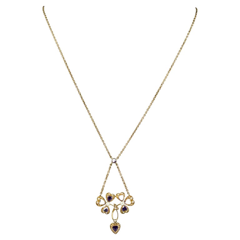 Antique Edwardian Amethyst Pearl Lavaliere Necklace in 15 Carat Gold ...