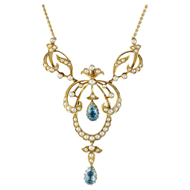 Antique Edwardian Aquamarine Pearl Lavaliere Necklace 15ct Gold For ...