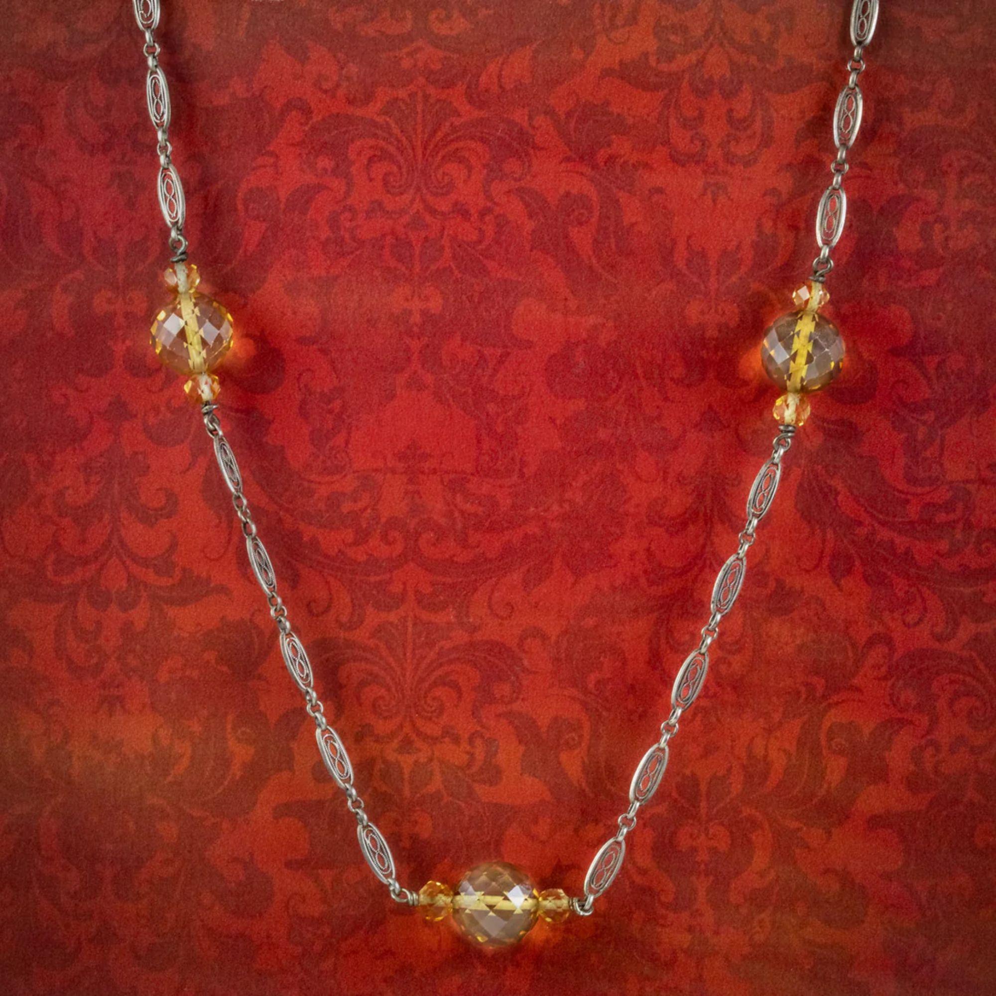 Antique Edwardian Citrine Bead Necklace Silver Chain For Sale at 1stDibs