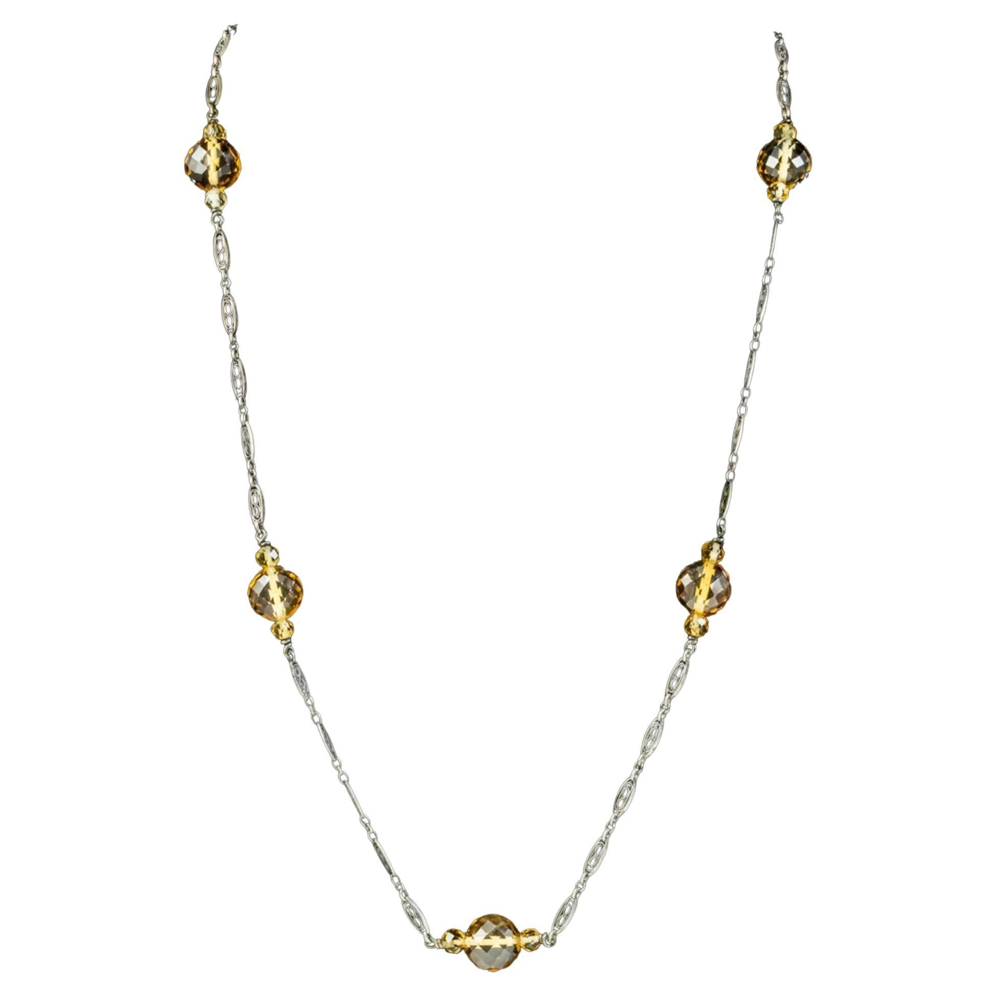 Antique Edwardian Citrine Bead Necklace Silver Chain For Sale at 1stDibs