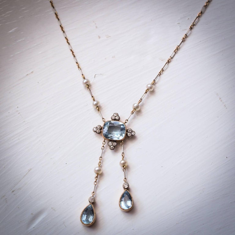 Antique Edwardian Diamond Aquamarine Negligee Pendant Necklace at 1stDibs