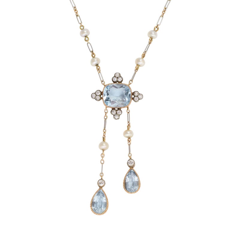Antique Edwardian Diamond Aquamarine Negligee Pendant Necklace at 1stDibs