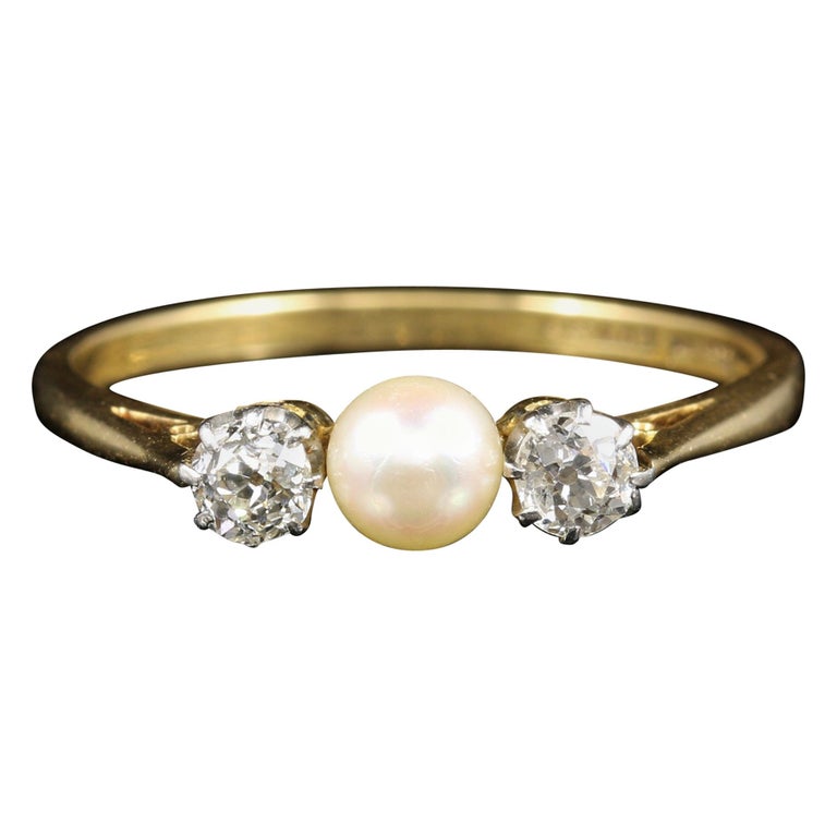 Antique Edwardian Diamond Pearl Trilogy Ring, circa 1915 18 Carat Gold ...