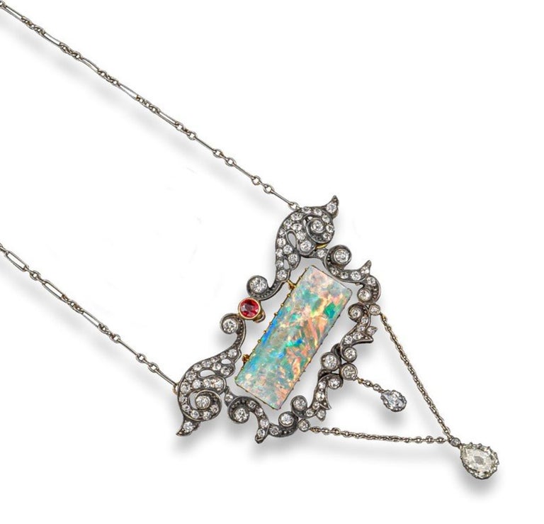 Antique Edwardian Diamond, Ruby and Opal Plaque Pendant For Sale at 1stDibs