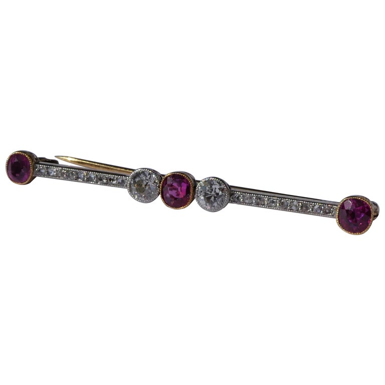 Antique Edwardian Dutch Ruby Diamond 18 Karat Rose Gold Platinum Bar ...