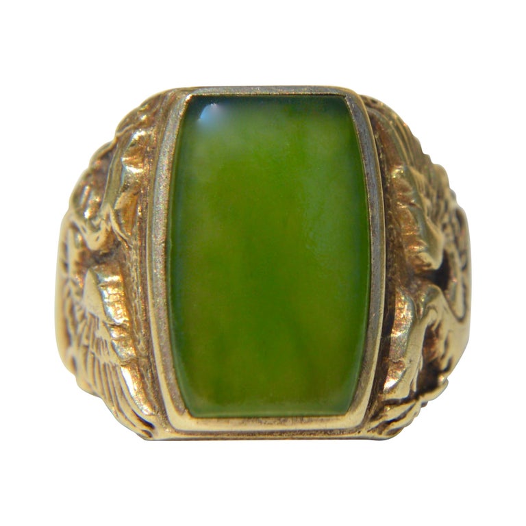 Antique Edwardian Era 6 Carat Jade Griffin 14 Karat Gold Signet Pinky ...