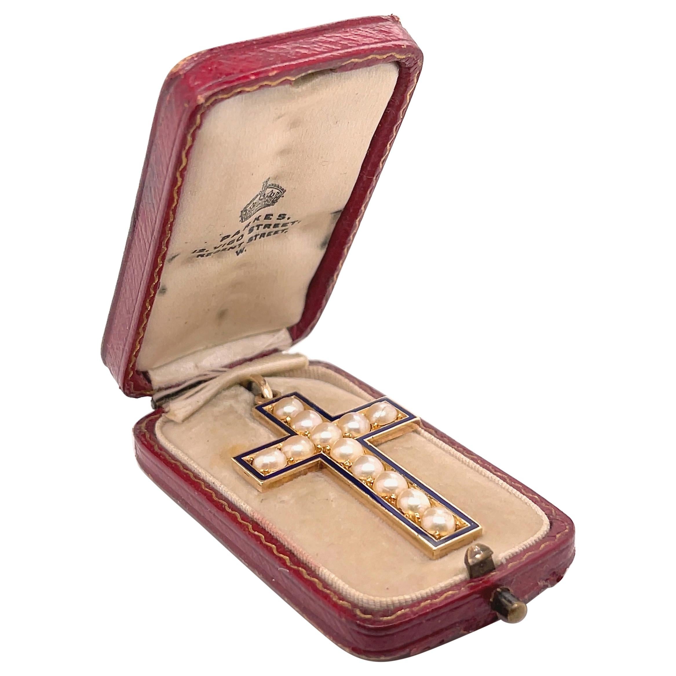 Antique Edwardian Gold, Pearl and Enamel Cross or Crucifix Pendant at ...